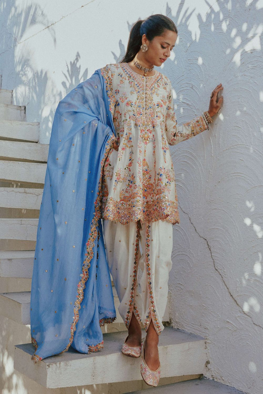 Ivory & English Blue Kali Kurta And Dhoti Set – Tamanna Punjabi Kapoor ...